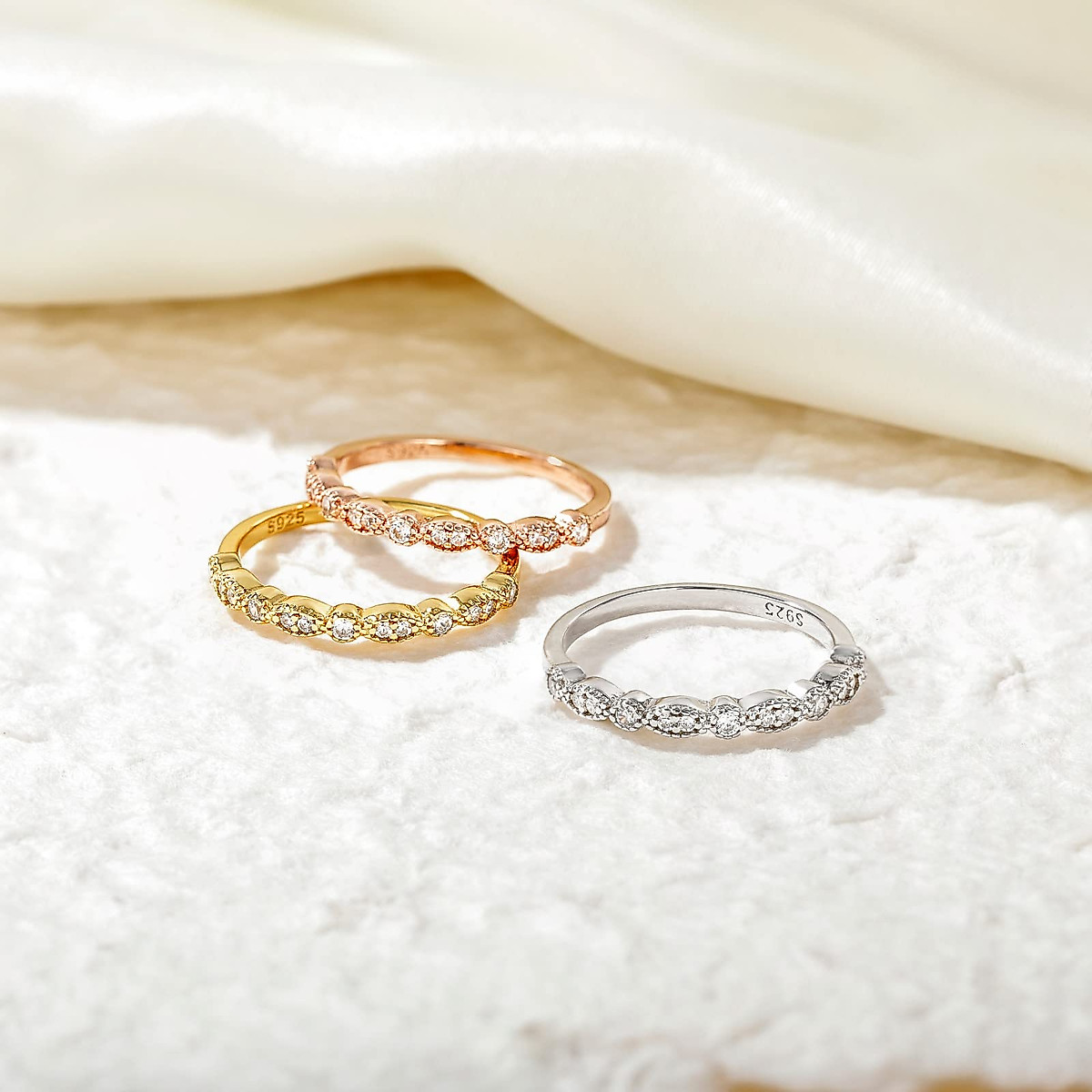 EAMTI 925 Sterling Silver Wedding Band for Women Cubic Zirconia Marquise & Round Milgrain Half Eternity Stackable Ring Size 6