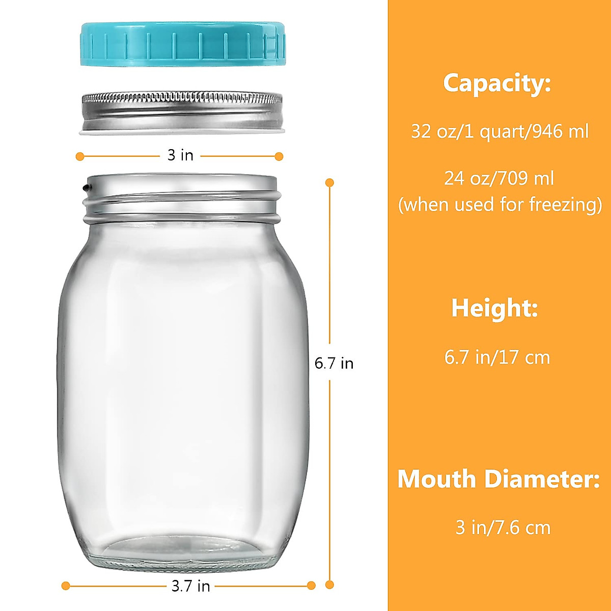32 oz Wide Mouth Mason Jars with Metal Lids & Plastic Lids, Quart Size Clear Glass Jars for Preserving, Meal Prep, Salad, Canning, Fermenting, Favors, Home Decor, DIY - 4 Pack1
