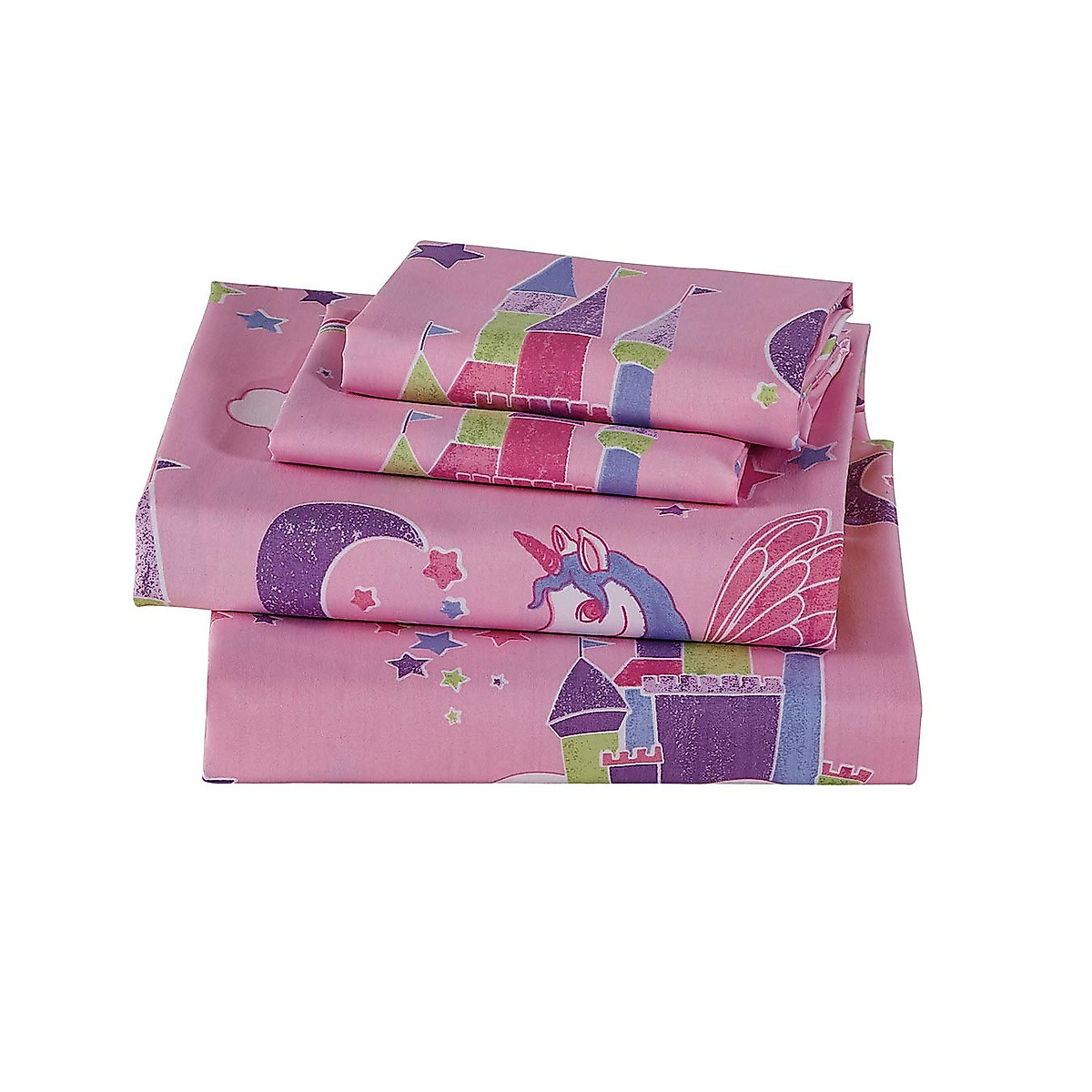 Better Home Style Pink Girls/Kids 4 Piece Sheet Set with Unicorns Castles and Rainbows in Magical Lands Includes Pillowcases Flat and Fitted Sheets # Unicorn Castle Lavender (Queen)