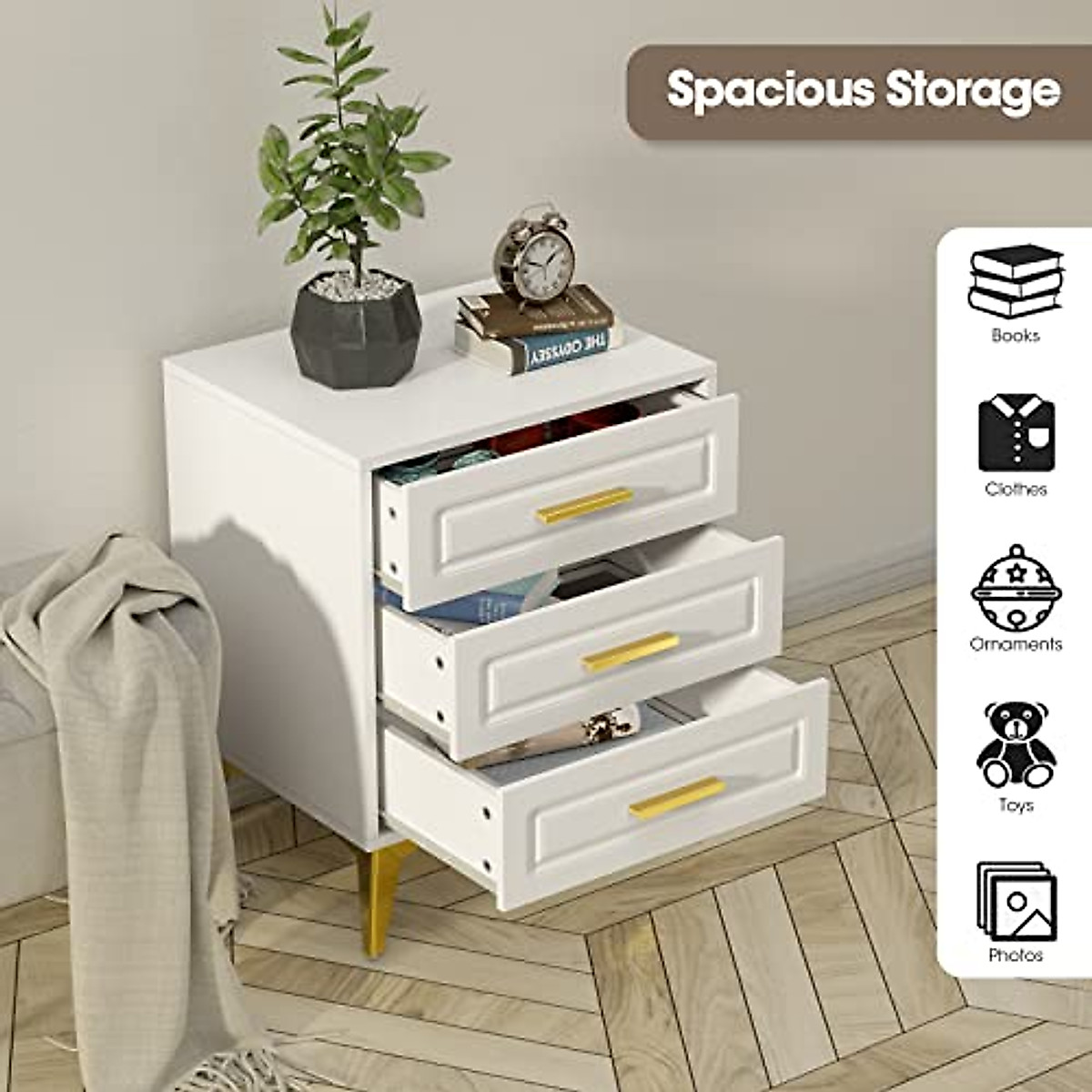 Giluta 3 Drawers Nightstand, Modern Bedside Table with Solid Metal Legs & Handles, White Gold Wood Chest of Drawers, Sofa End Side Table for Bedroom Living Room Hallway, 15.75" D x 19.7" W x 24" H