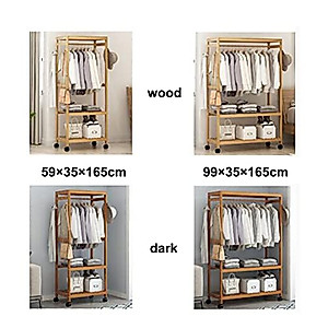 YXDFG Bamboo Garment Coat Clothes Hanging Heavy Duty Rack,Portable Rolling Garment Rack with Wheels, with Top Shelf and Shoe Clothing Storage Organizer Shelves,Dark,59×35×165cm