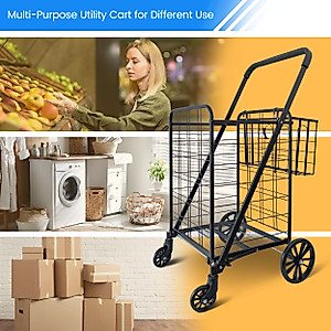 SereneLife Folding Grocery Utility Shopping Supermarket Cart with 360 Rolling Swivel Wheels, Double Basket, Large Capacity 110 lbs, Portable, Collapsible Compact Folding, for Grocery Laundry, Luggage