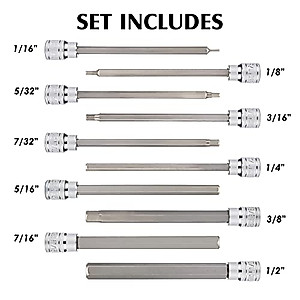 MIXPOWER 3/8 Inch Drive Long Hex Bit Socket Set, 1/16 Inch to 1/2 Inch, SAE, Extra Long Allen Hex Bit Socket Set, CR-V and S2 Steel, 10 Pieces