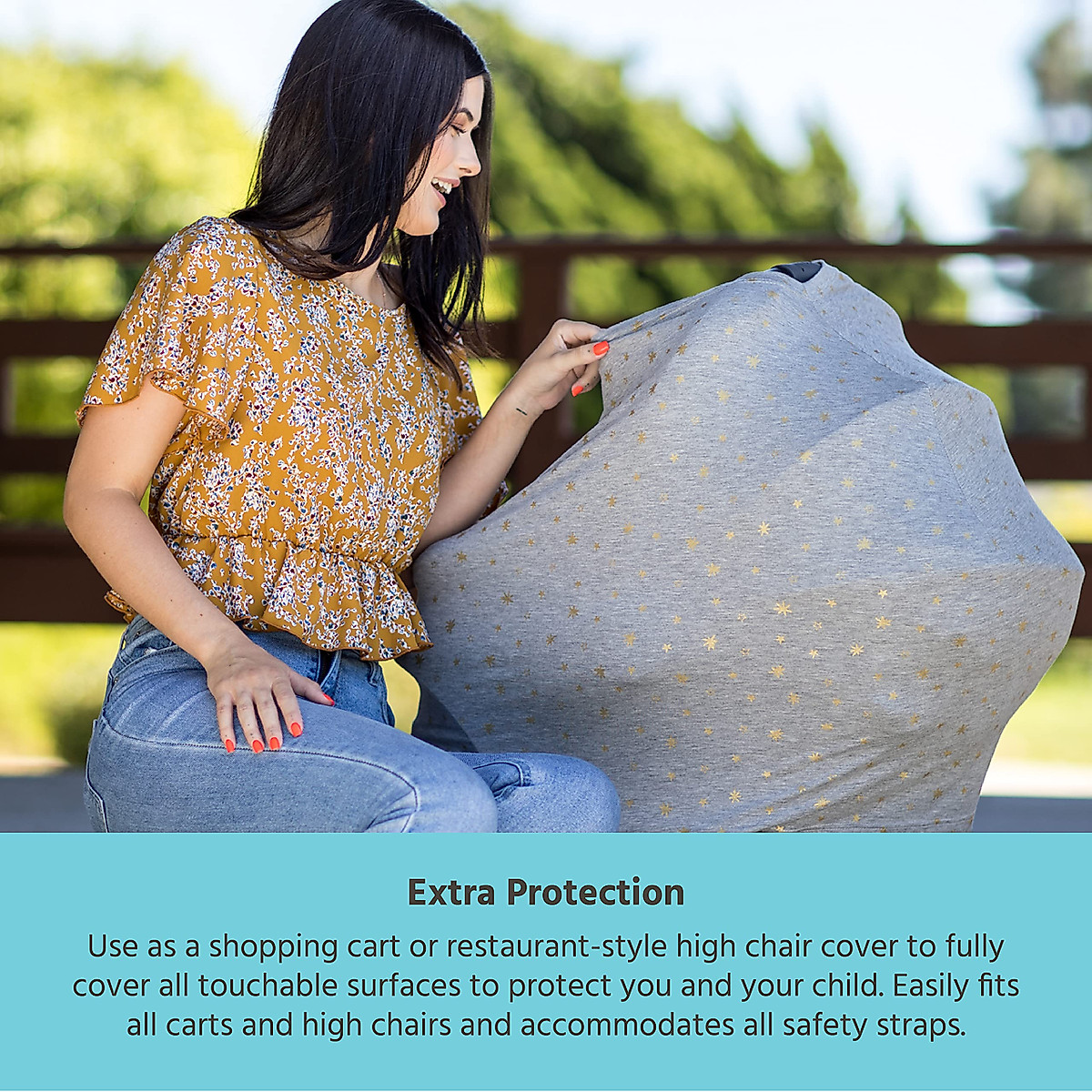 J.L. Childress 4-in-1 Multi-Use Cover - Stretchy Car Seat Canopy and Privacy Cover, Breastfeeding Nursing Cover, Grey/Gold Stars