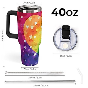 LLUTSNTH 40 Oz Vacuum Tumbler with Black Handle Leakproof Insulated Tumbler Colorful Rainbow Love Heart Stainless Steel Travel Mug with Lid And Straw Coffee Cup Cute Water Bottles Cup Holder Friendly