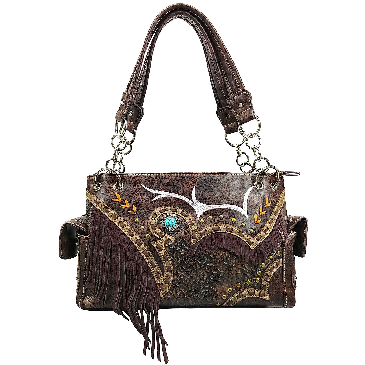 Zelris Women Shoulder Handbag Wallet Set Turquoise Concho Suede Fringe Two Tone Cowgirl Conceal Carry Purse (Western Brown)