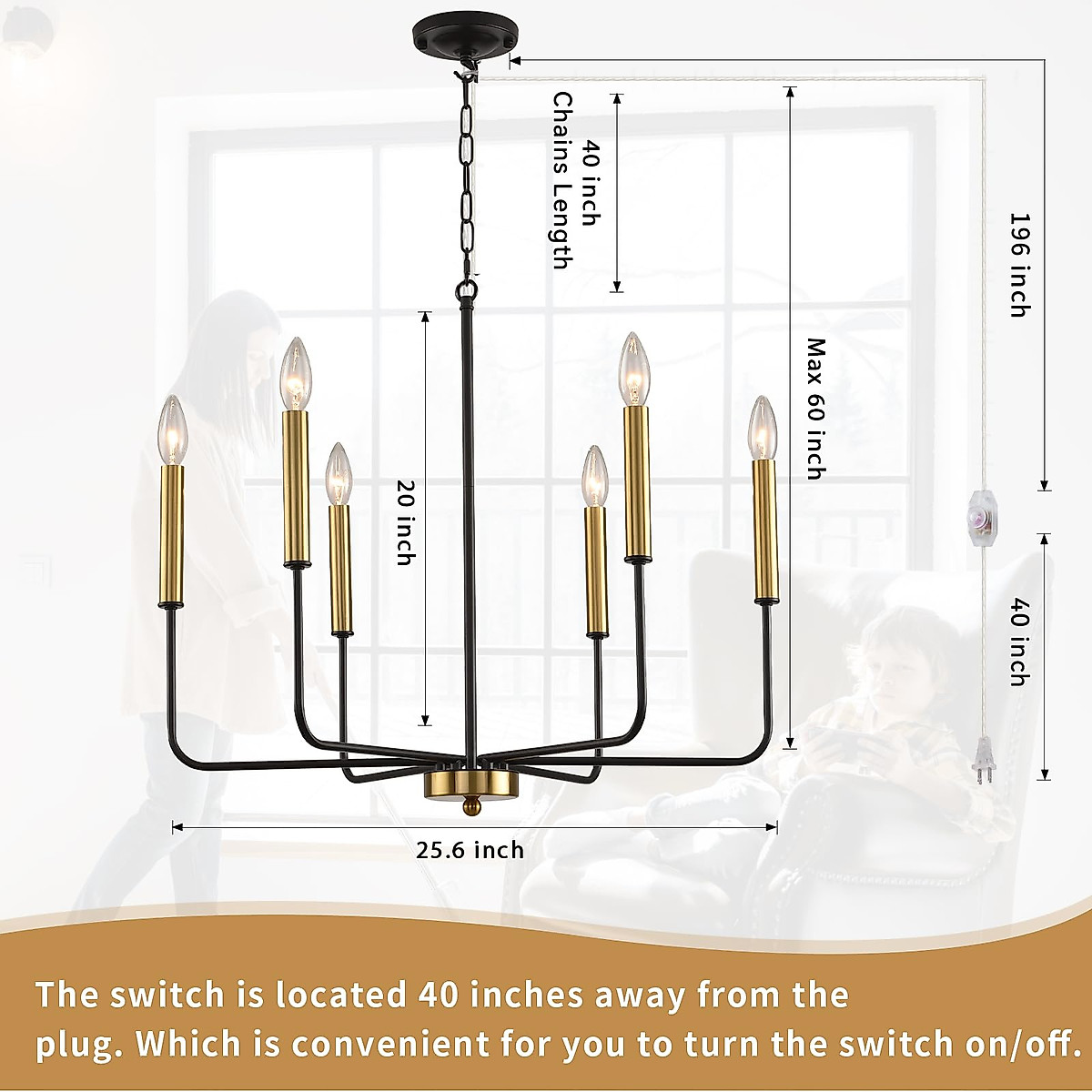 HOXIYA DIMMABLE Plug in Chandelier with Cord 25.6", Black and Gold 6 Light Modern Farmhouse Chandelier for Dining Room, Rustic Retro Hanging Ceiling Lighting Pendant Light Outdoor Gazebo Porch Bedroom