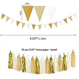 White Gold Champagne Party Decorations - 23pcs Tissue Pom Poms Streamers,Christmas Wedding Engagement Tassel Garland Banner,Bachelorette Neutral Birthday Baby Bridal Shower Decor Lasting Surprise