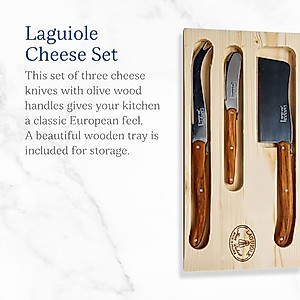 Jean Dubost Laguiole Rustic Range 3-Piece Cheese Knife Set, Olive Wood Handles - Rust-Resistant Stainless Steel - Includes Wooden Tray - Made in France