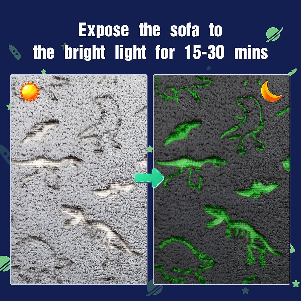 ALIMORDEN 3-in-1 Modular Toddler Couch, Glow-in-The-Dark Dinosaurs Flip Out Kids Couch, Nugget Couch with Two Ottomans and Side Pocket for Boys and Girls, Grey