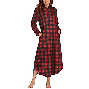 Ekouaer Women's Nightgown Long Sleeve Nightshirt Full Length Loungewear Plaid Sleepwear With Pockets, Red Plaid, Large