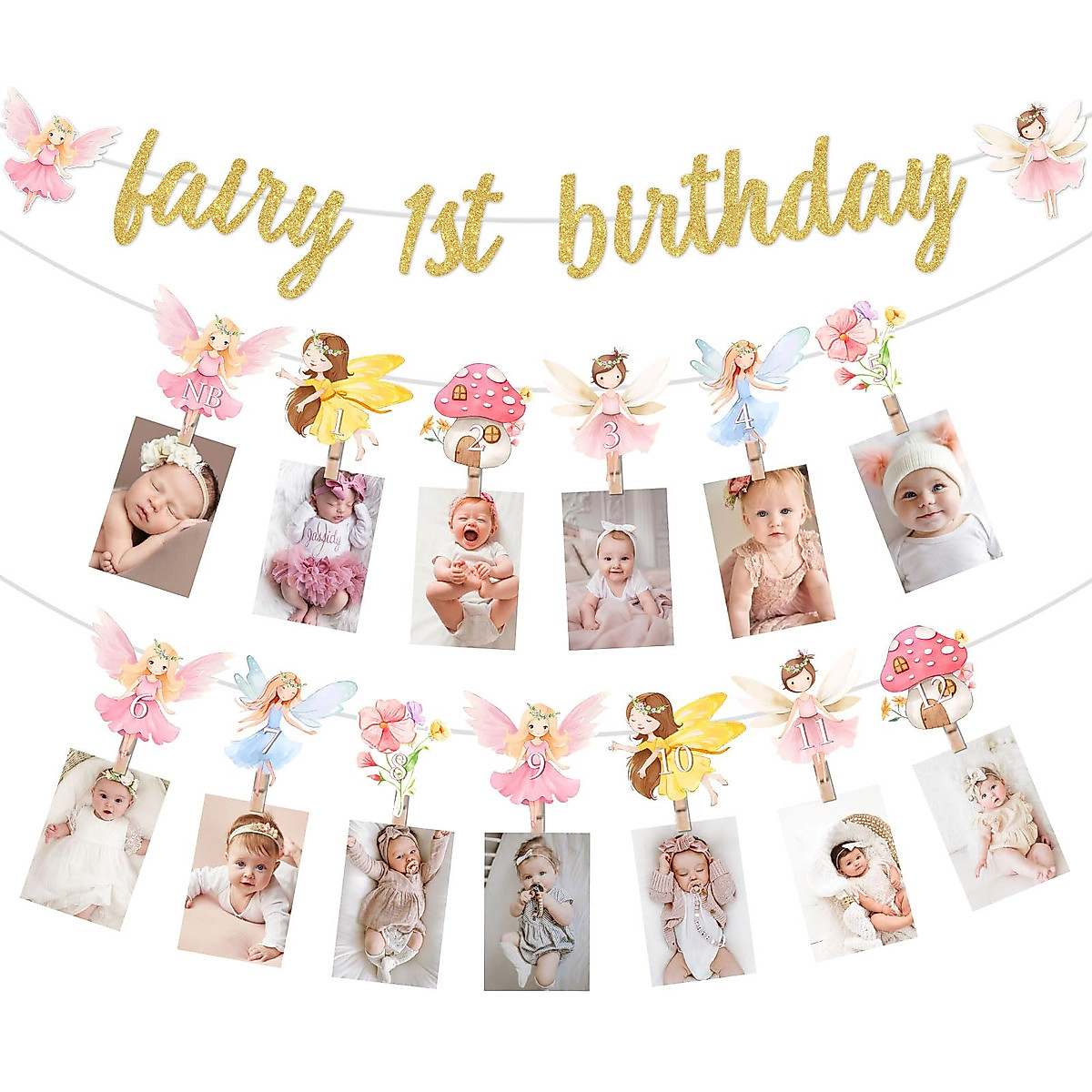 My Fairy First Birthday Decorations - Fairy 1st Birthday Glitter Banner and Monthly Photo Banner, Fairy One Year Old Birthday Decorations for Girl, Floral Fairy 1st Birthday Party Supplies