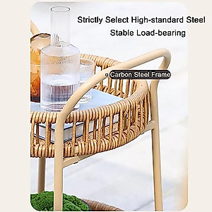 Gtzly Rattan Round End Table, Small Coffee Table with Wheels and Steel Frame, Side Table Accent Side Table with 2-Tier Rattan Open Storage Shelves