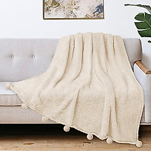PAVILIA Cream Sherpa Throw Blanket for Couch, Pom Pom | Fluffy Plush Soft Blanket for Sofa Bed | Shaggy Warm Fuzzy Fleece Blanket | Cozy Decorative Beige Ivory Pompom Throw, 50x60