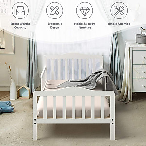 Costzon Toddler Bed, Classic Wood Kids Bed Frame w/Double Safety Guardrail, Low to Floor Design, Wooden Slat Support, Fits Full Size Crib Mattress, Bedroom Furniture for Boys & Girls (White)