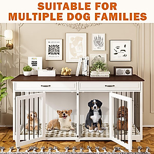 MOOLIVE Large Double Dog Crate Furniture, 72.4" Wooden Dog Crate Furniture with Divider and 2 Drawers, XXL Heavty Duty Dog Crates Furniture for 2 Medium or Large Dogs Indoor, White + Walnut