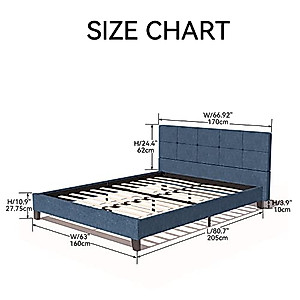 Melpomene Queen Bedframe Navy Linen Upholstered, Staycation Style Mattress Foundation with Wood Slats and Headboard for Bedroom