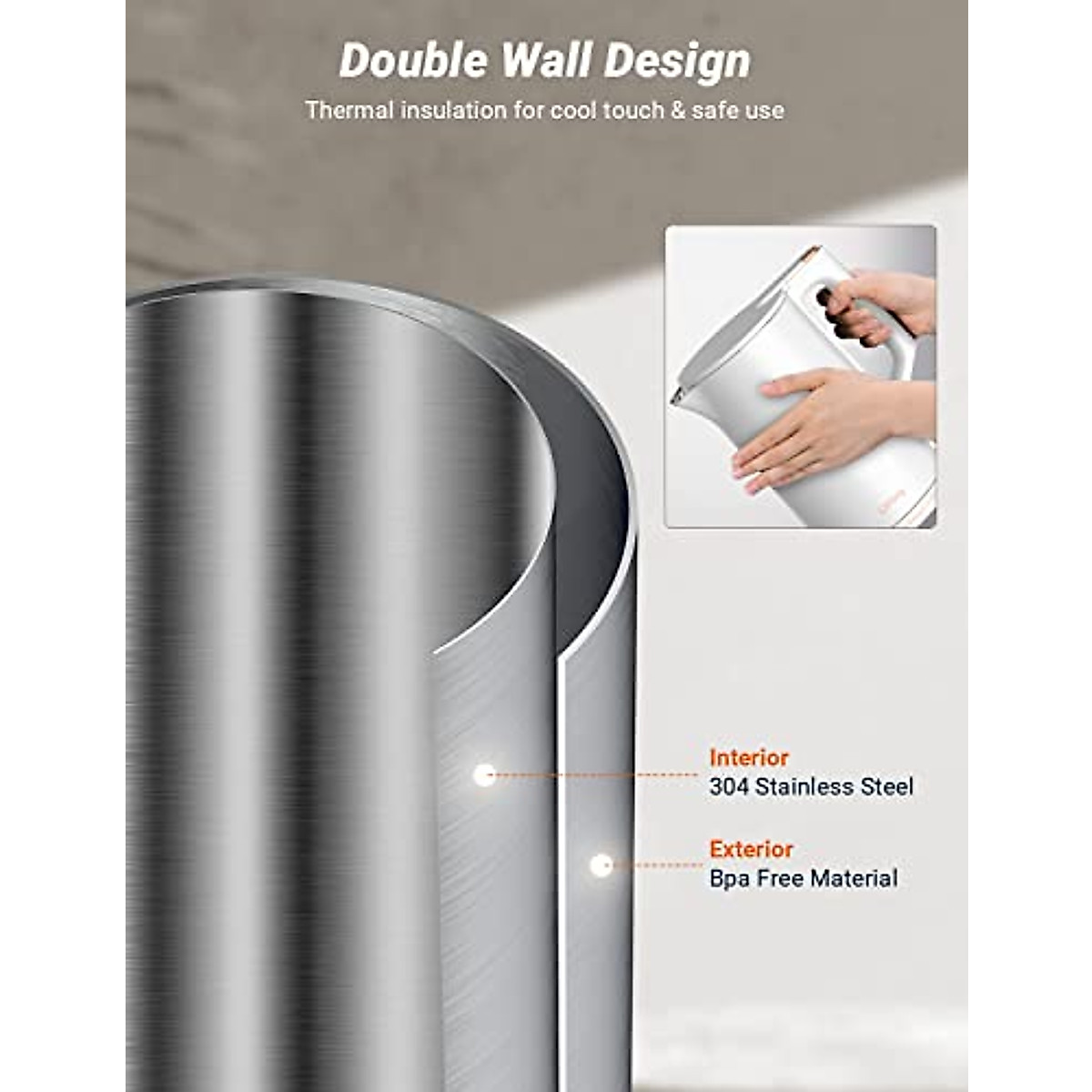 Electric Kettle, 304 Stainless Steel Interior, BPA-Free, Double Wall 1.5L Hot Water Boiler, 1500W Tea Kettle with Auto Shut-Off & Boil Dry Protection, Cordless Base & LED Indicator(White)