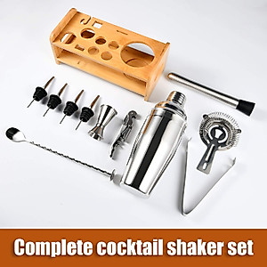 Esmula Bartender Kit with Stylish Bamboo Stand, 12 Piece Cocktail Shaker Set for Mixed Drink, Professional Stainless Steel Bar Tool Set - Cocktail Recipes Booklet(25 oz)