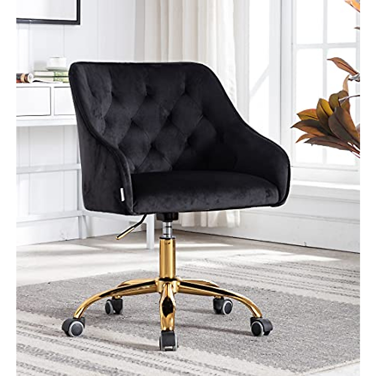 Danxee Desk Chair Modern Swivel Accent Velvet Office Chair, Adjustable Armchair with Gold Base, Modern Leisure Arm Chair for Living Room/Bed Room (Black)