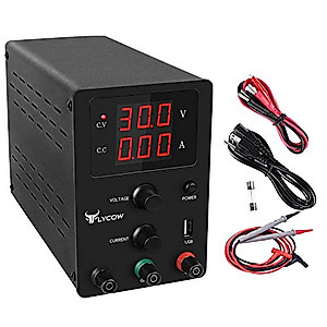 Flycow DC Power Supply Variable, Adjustable 30V 10A Switching DC Regulated Power Supply with 3 Digit LED Display Reverse Polarity/High Temperature Protection 110V/100CM Alligator Leads Included