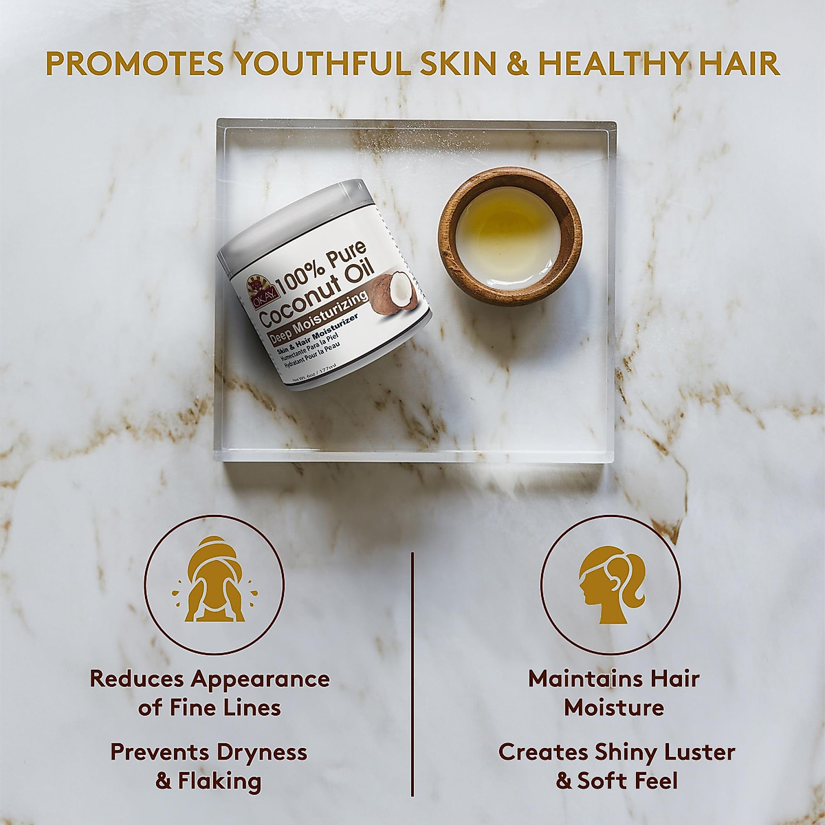 OKAY 100% Pure Coconut Oil for Hair & Skin - Coconut Oil for Women & Men, Perfect for Body & Face, Natural Massage Oil & Moisturizer - 6 Fl Oz Jar (Pack of 1)