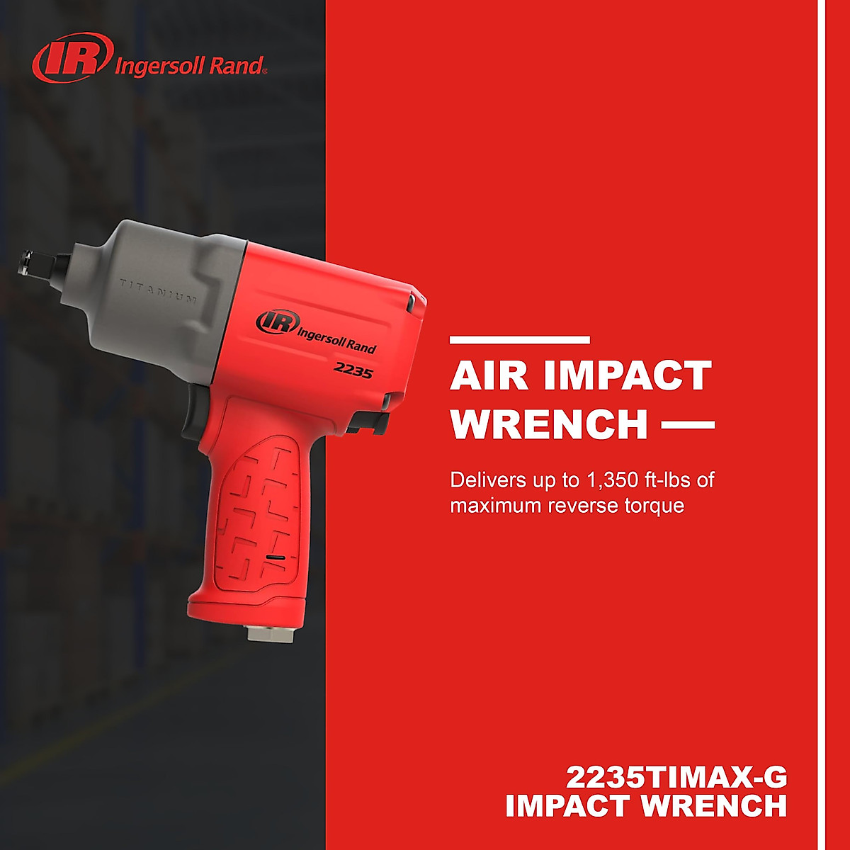 Ingersoll Rand 2235TiMAX-R 1/2" Drive Air Impact Wrench, Lightweight 4.6 lb Design, Powerful Torque Output up to 1,350 ft-lbs, Titanium Hammer Case, Max Control, Red