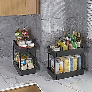 Boeeoan Under Sink Organizers Storage Rack, 2 Tier Under Bathroom Cabinet Shelf Basket, Multi-Purpose Storage Cart with Hooks for Kitchen Bathroom Bedroom Livingroom, Black