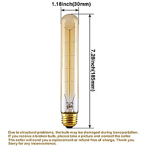 CTKcom T9/T185 40W Vintage Edison Light Bulbs E26 E27 Base(4 Pack)- Tubular Bulb Nostalgic Tungsten Filament Antique Incandescent Bulb Golden Tinted Glass for Industrial Wall Sconces Pendant Lighting