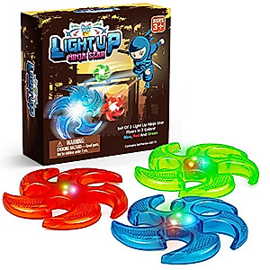 Light Up Ninja Flyers Set, 3 LED Electronic Stars, Heavy Duty Rubber Throwing Discs, Fun and Interactive Kids Toys for Tossing, Games, and Play, 3 Colors, Includes Gift Box
