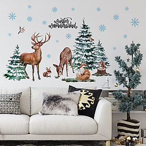 Mfault Winter Christmas Forest Deer Wall Decals Stickers, Xmas Wonderland Pine Tree Animals Elk Squirrel Rabbit Nursery Decorations Kids Bedroom Art, Snowflakes Baby Boys Girls Room Decor