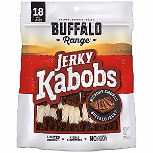 Buffalo Range Rawhide Dog Treats | Healthy, Grass-Fed Buffalo Jerky Raw Hide Chews | Hickory Smoked Flavor | Jerky Kabob, 18 Count