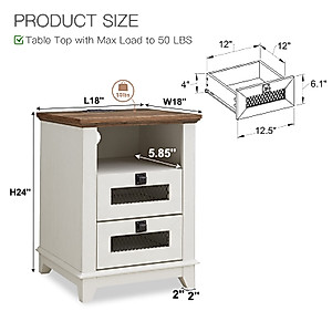 Nightstand with Charging Station,OKD 18'' Industrial & Farmhouse Square End Table w/ 2 Drawers & Open Cubby, Rustic Mesh Drawer Sofa Side Table w/Storage for Bedroom, Living Room Office, Antique White
