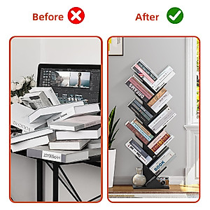SHEEPAM 10 Tier Tree Book Shelf, Floor Standing Wood Bookshelf for Narrow Space, Storage Organizer Bookshelves for Books/CDs/Magazine, Bookcase with Shelves for Home Office, Living Room - Black
