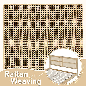 Queen Size Bed Frame with Rattan Headboard,Solid Wood Platform Bed with Strong Wooden Slats,Queen Bedframe,No Box Spring Needed, Natural