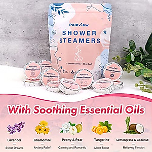 Poleview Shower Steamers Aromatherapy, Variety Pack of 15 Shower Bombs with Essential Oil for Home SPA, Relaxation, Meditation and Calming - Stress Relief and Self Care Gifts Set for Women and Men