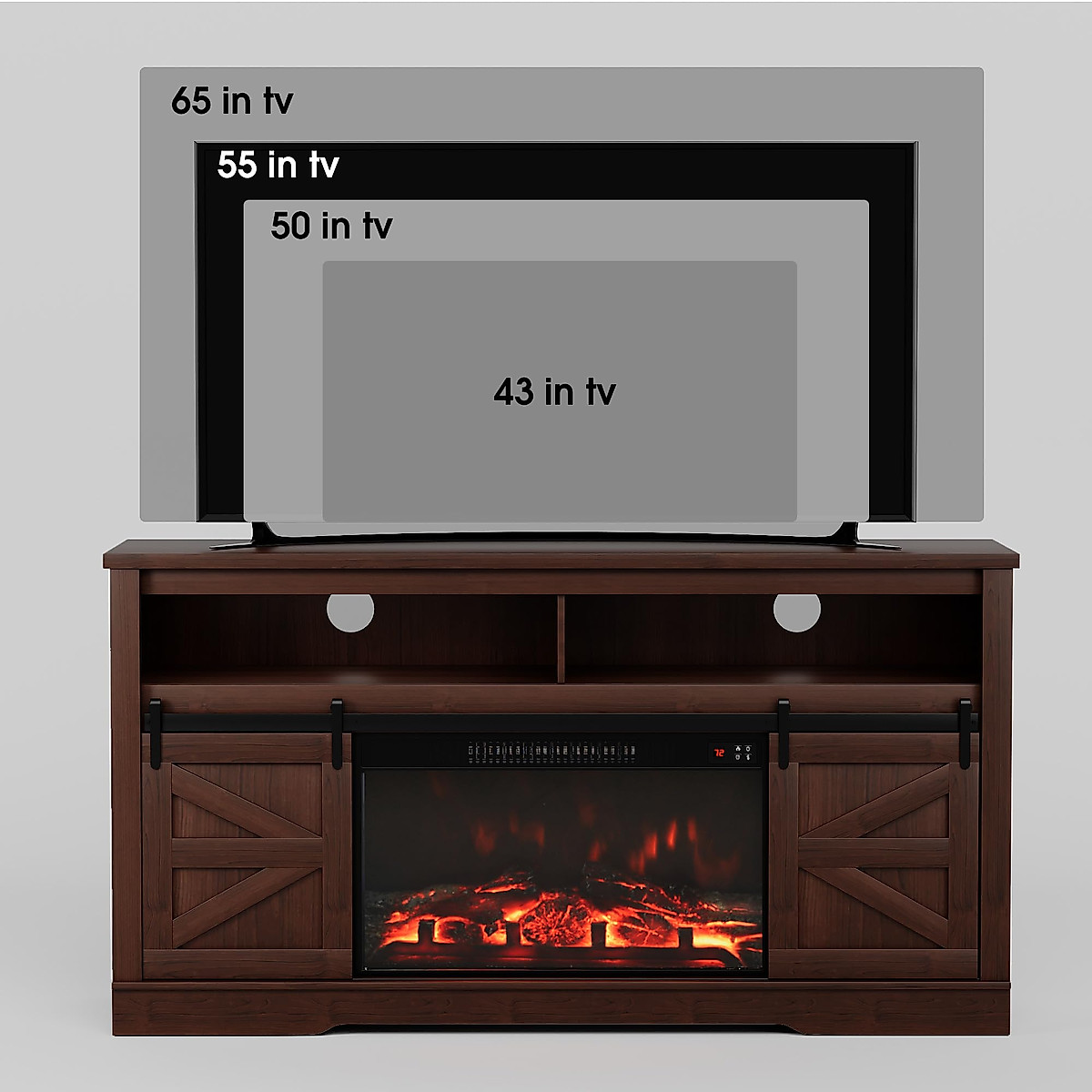 JUMMICO Fireplace TV Stand for 65+ Inch TV with 26'' Fireplace Entertainment Center with Storage Cabinet and Adjustable Shelves, Media Console with Sliding Barn Door for Living Room (Brown)