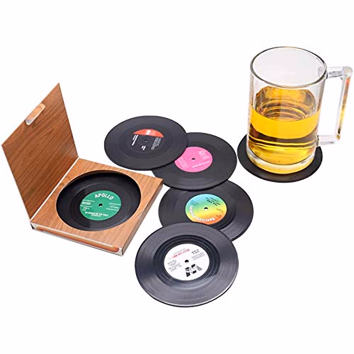 Set of 6 Cute Retro Vinyl Coasters - Funny Record Decoration Disk Furniture - Creative Drinks Equipment Music Ideas for Bar, Home, Restaurant, Apartment, Room - Mini Decor Drink Cup Stuff Holder Tool