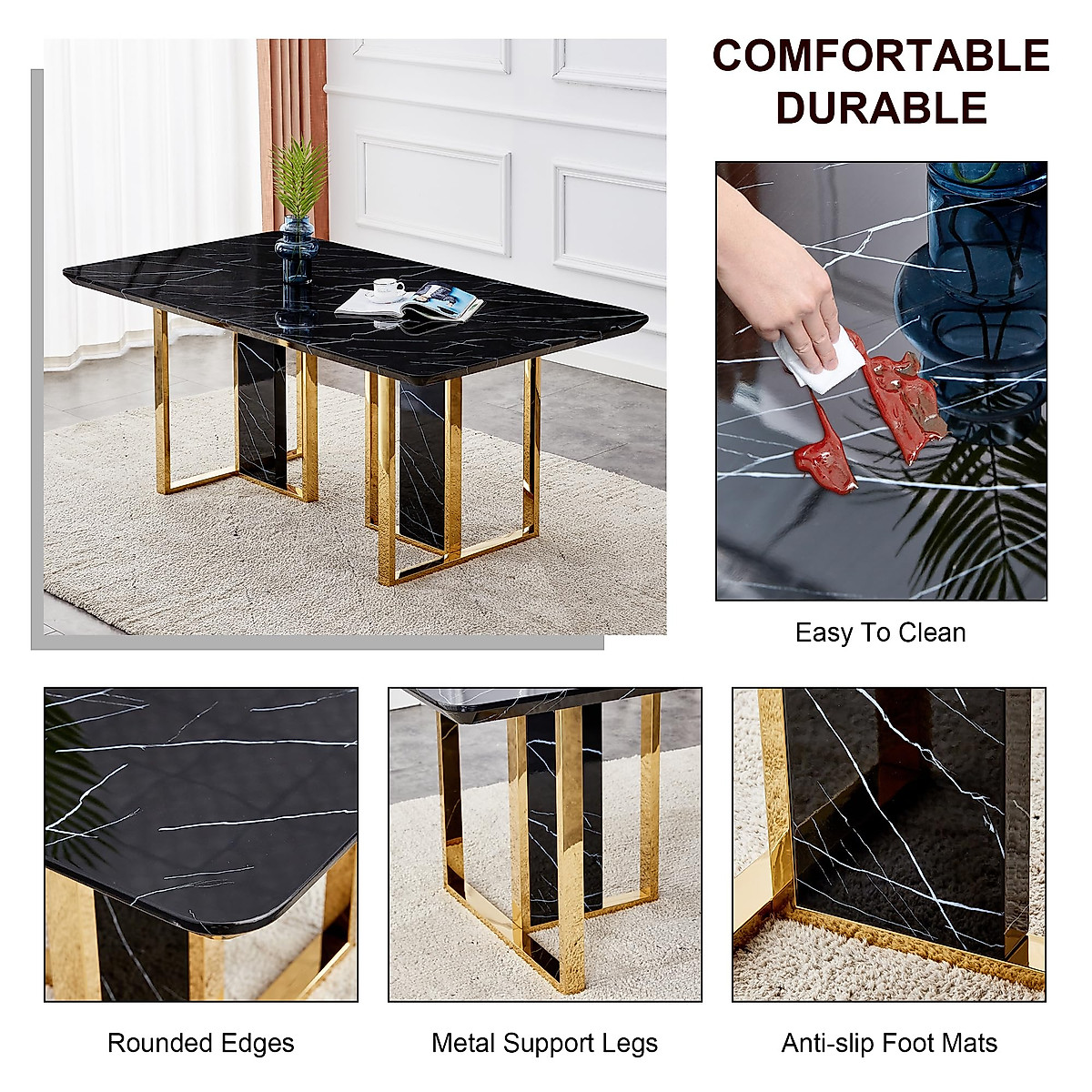 71" Large Marble Dining Table Set for 6, Modern Rectangular Dining Room Table with 6 Black Leather Chairs, 1.57" Printed Marble Tabletop and MDF Metal Leg,for Kitchen Dining Living Meeting Room