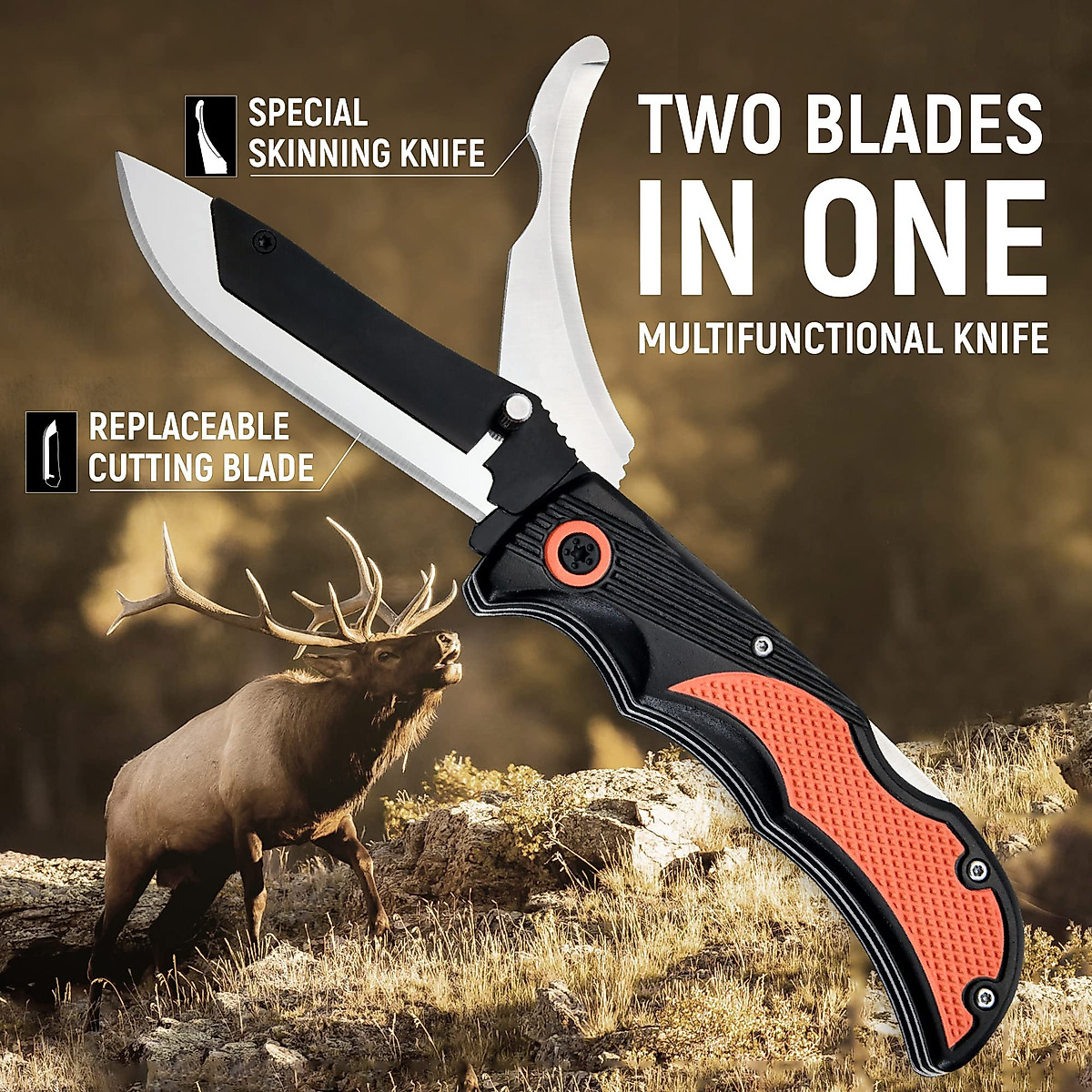 Lancergear Hunting Knife, Skinning Knife, Outdoor Pocket knives with Replaceable 3.5'' Blades, Deer knife, Folding Double-Blade Knife