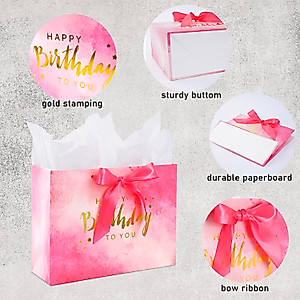 Nihuecne 13" Large Birthday Gift Bag with Card and Tissue Paper, Big Pink and Gold Birthday Wrap Paper Gift Bag with Satin Ribbon Handles for Girls and Women's Birthday Party