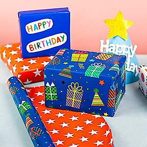 WRAPAHOLIC Reversible Birthday Wrapping Paper Roll - Mini Roll - 3 Rolls - 17 Inch X 120 Inch Per Roll - Happy Birthday Lettering and Gift Box for Kid's Birthday, Baby Shower