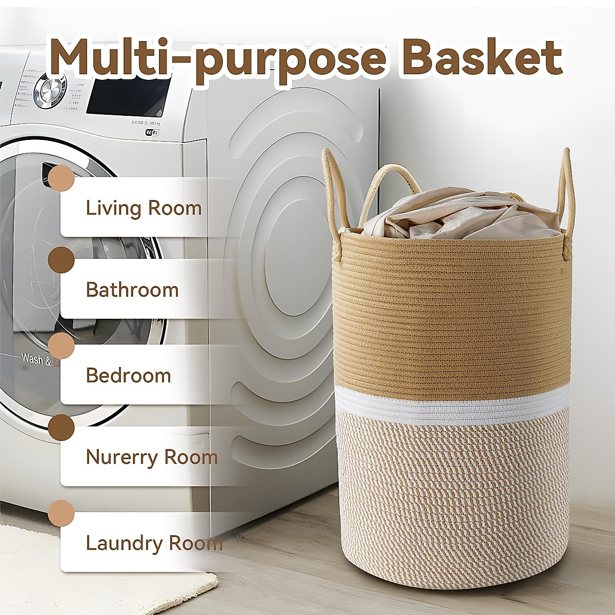 Laundry Storage Basket Large，Tall Rope Baskets for Storage，Cute Blanket Basket，Suitable for Living Room, Bedroom, Farmhouse，Can Be Decorative and Used to Store Toys