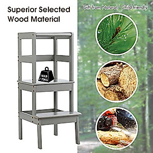 Costzon Kids Kitchen Step Stool with Safety Rail, Wood Standing Tower Learning Stool with Anti-Slip Strips for Children, Toddlers Kitchen Counter Helper Stool for Bathroom