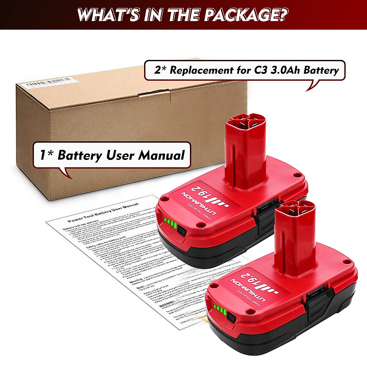 2Packs 19.2V C3 3.0Ah Replacement for Craftsman 19.2V Battery Compatible with Craftsman 19.2 Volt Lithium ion XCP 130279005 1323903 11375 130211004 315.115410 315.11485 Cordless Power Tools (Red)