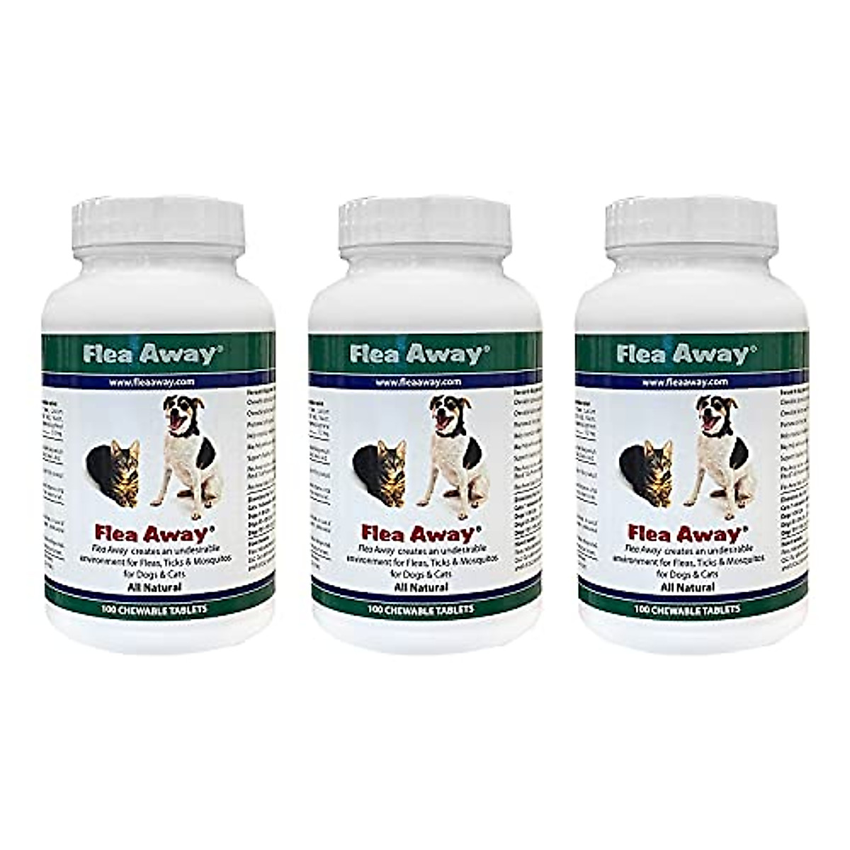 Flea Away All Natural Supplement for Fleas, Ticks, and Mosquitos Prevention for Dogs and Cats, 100 Chewable Tablets, 3 Pack