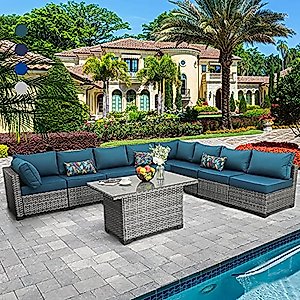 Rattaner Patio Furniture Sectional Sofa Set 9 Pieces Outdoor Wicker Furniture Couch Storage Glass Table with Thicken(5") Anti-Slip Peacock Blue Cushions Furniture Cover