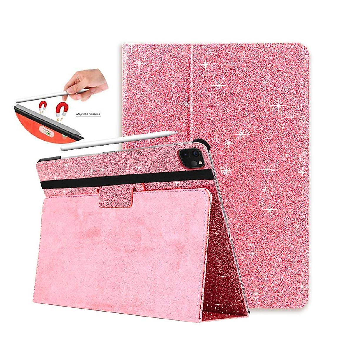 CASZONE Case for iPad Air 13 inch 2024 iPad Pro 12.9 6th/5th/4th/3rd Gen.iPad Pro12.9/Air13 Glitter Case Support Pencil Charging with Folio Kickstand Slim Smart Cover Auto Sleep/Wake,Hand Strap Pink