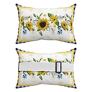 Recliner Head Pillow Ledge Loungers Chair Pillows with Insert Summer Rustic Sunflowers Yellow Black Plaid Lumbar Pillow with Adjustable Strap Outdoor Waterproof Patio Pillows for Beach Pool, 2 PCS