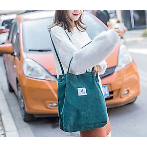 Corduroy Tote Bag for Women Girl Canvas Handbags Shoulder Purse (Green) Medium